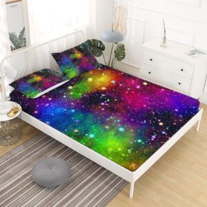 NiuOne Galaxy Fitted Sheet Set Rainbow Space Bedding Sheet Set for Girls Full 3PCS 1 Deep Pocket Sheet with 2 Pillowcases Wrinkle Free Microfiber(16,Full)