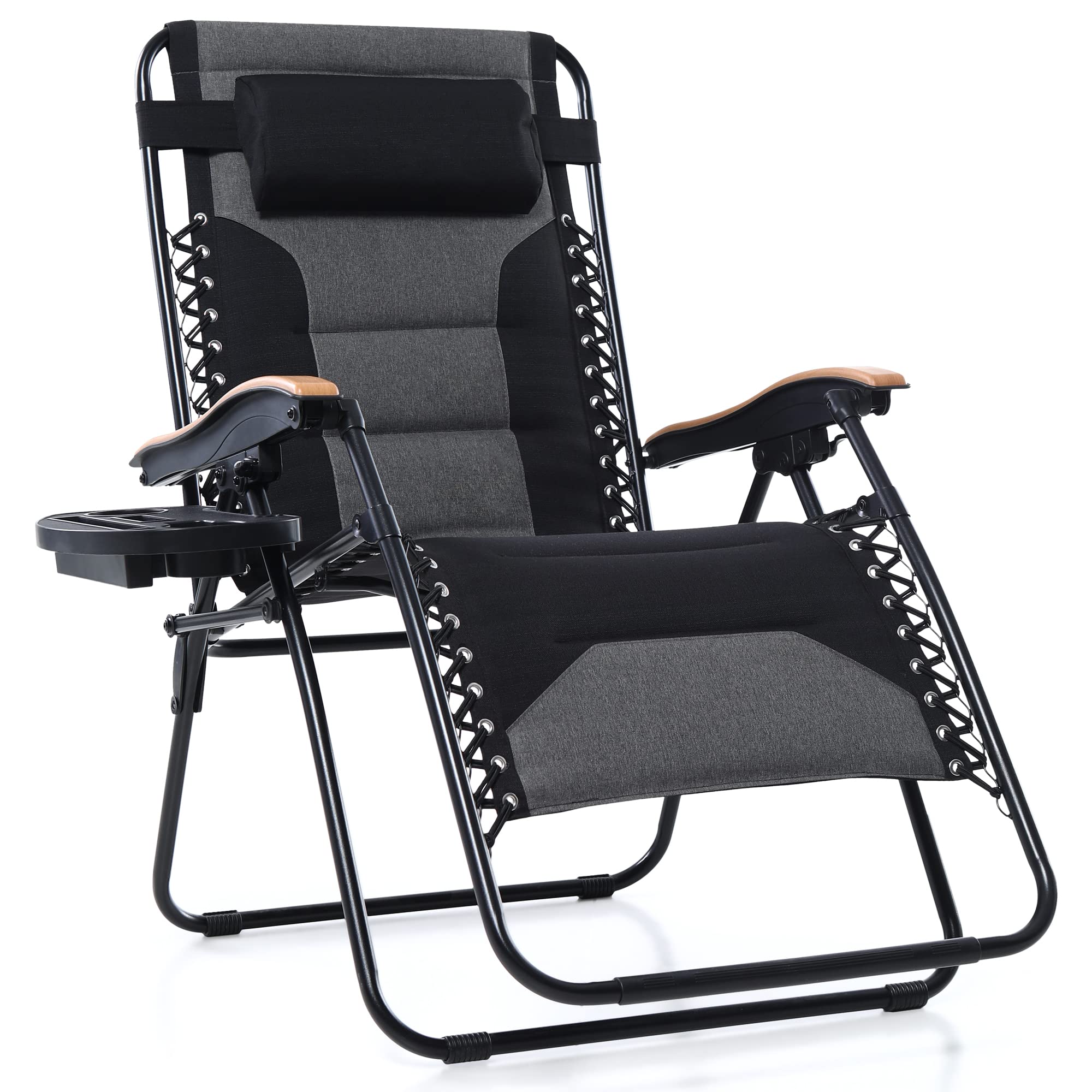 PHI VILLA XXL Oversized Padded Zero Gravity Chair, Foldable Patio Recliner, 30" Wide Seat Anti Gravity Lounger with Cup Holder, Support 400 LBS (Black)