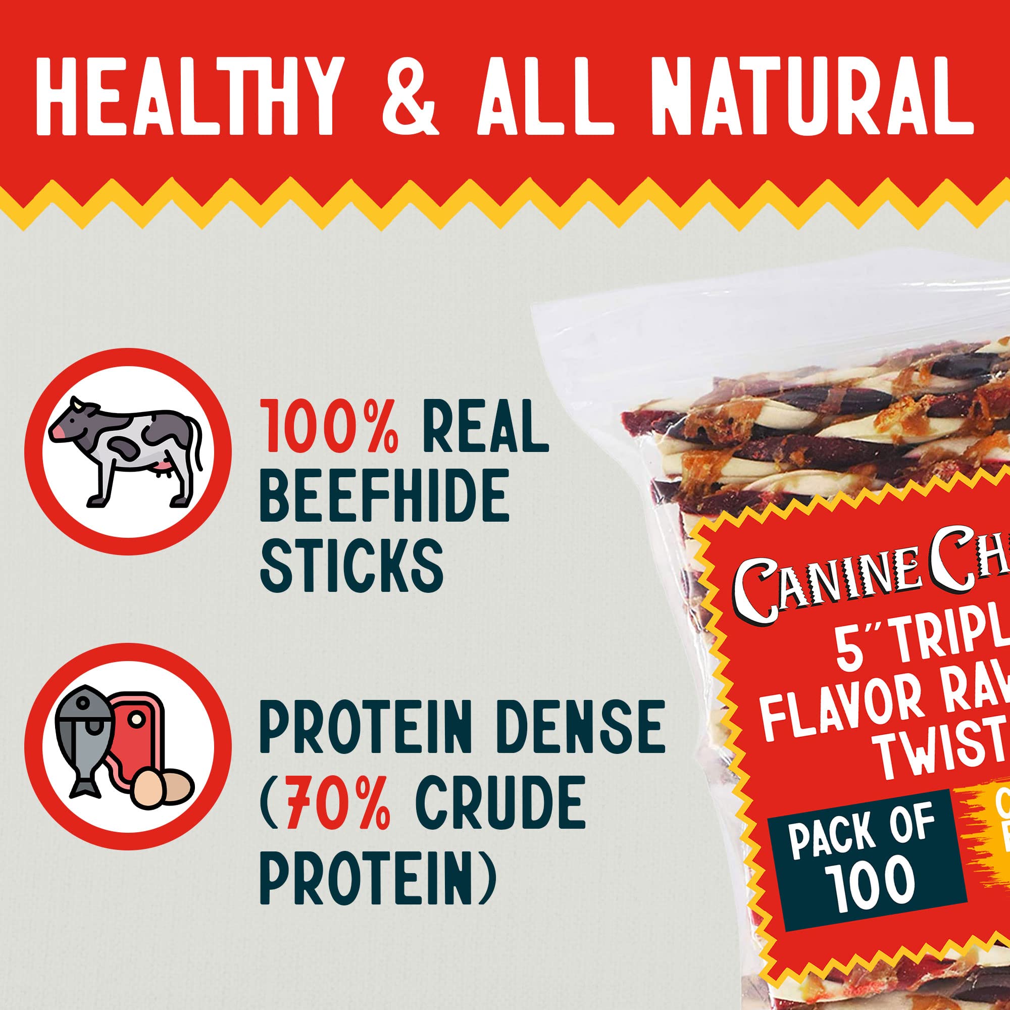 Canine Chews 5" Triple Flavor Rawhide Stick Twists for Small Dogs Dog Treat Dental Stick Chicken, Pork, Beef Flavor Chew Toy (100 Pack)