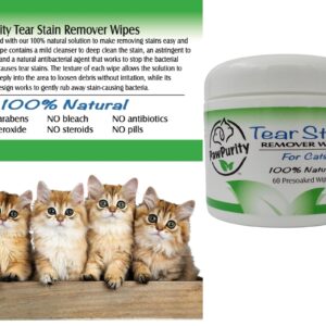 PawPurity Tear Stain Remover Wipes (60 pcs) for Cats | 100% Natural, Safe and Effective. | Removes Stains from Eyes of Cats and Kittens | Recommended by Vets/Groomers | Contains Colloidal Silver