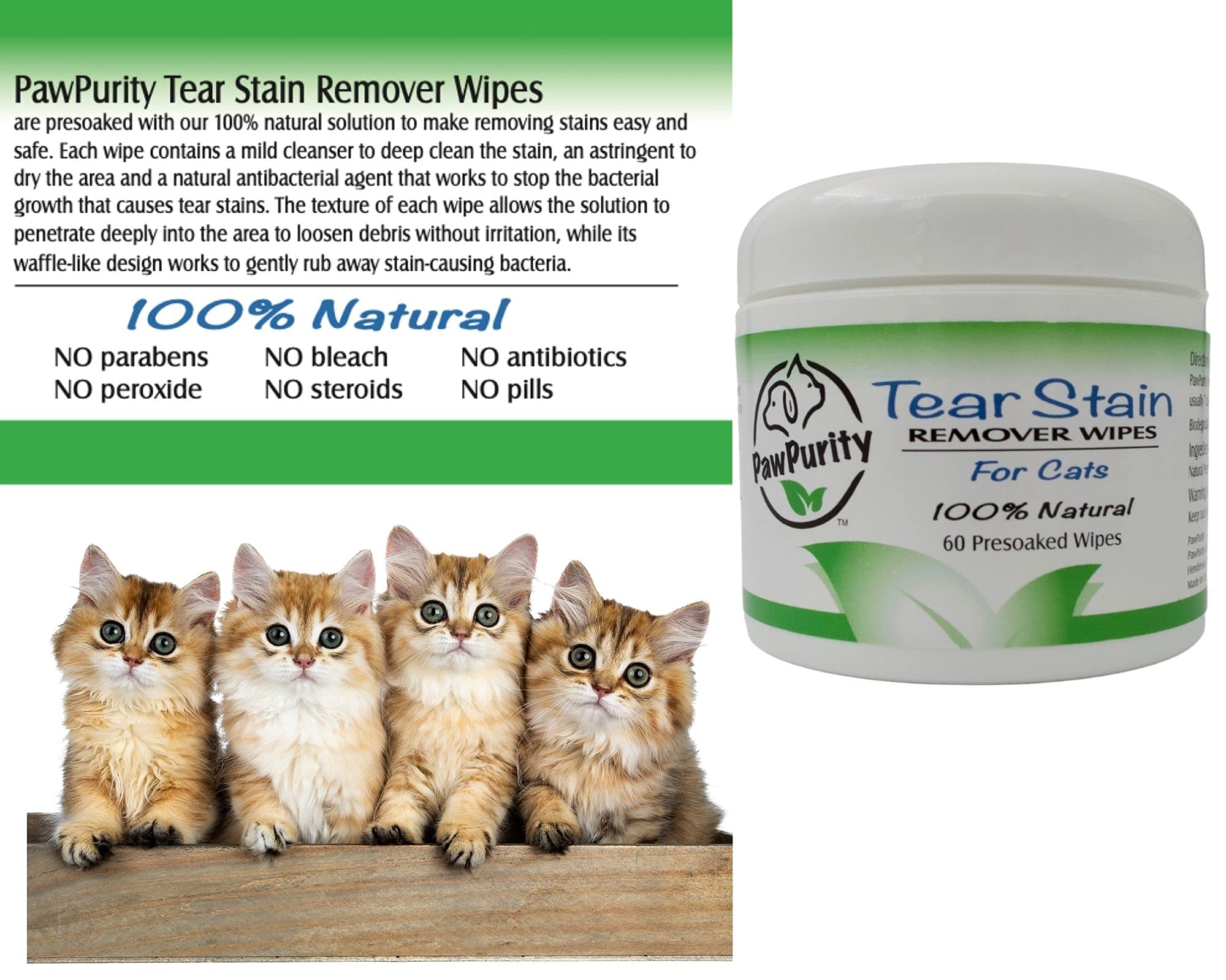 PawPurity Tear Stain Remover Wipes (60 pcs) for Cats | 100% Natural, Safe and Effective. | Removes Stains from Eyes of Cats and Kittens | Recommended by Vets/Groomers | Contains Colloidal Silver