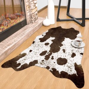 rostyle faux cowhide rug 3.6 x 2.3 feet, cute cow hide rug for living room bedroom western home decor faux fur cow print rugs white and brown