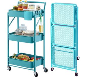 foldable storage cart 3 tier rolling cart with wheels no assemble required metal utility kitchen cart folding shelves for storage and organizer for classroom, bedroom