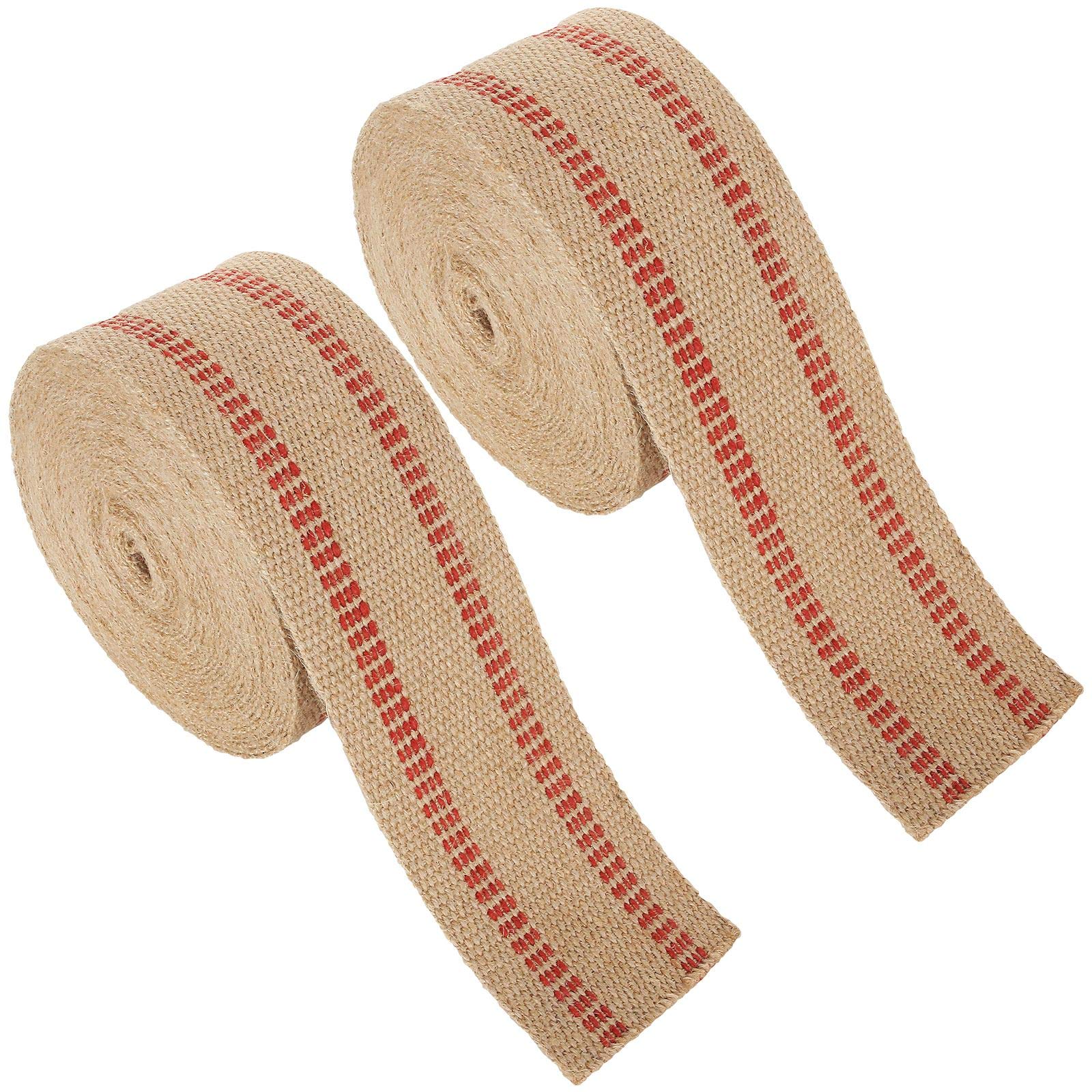 Ziqi 2Pcs Upholstery/Craft Jute Webbing, 3.5 Inches X 10 Yards Natural Burlap Fabric Jute Webbing Burlap Ribbon, Upholstery Chair Webbing Tape for Chair Repair, Crafts & Decorations (Red Stripes)