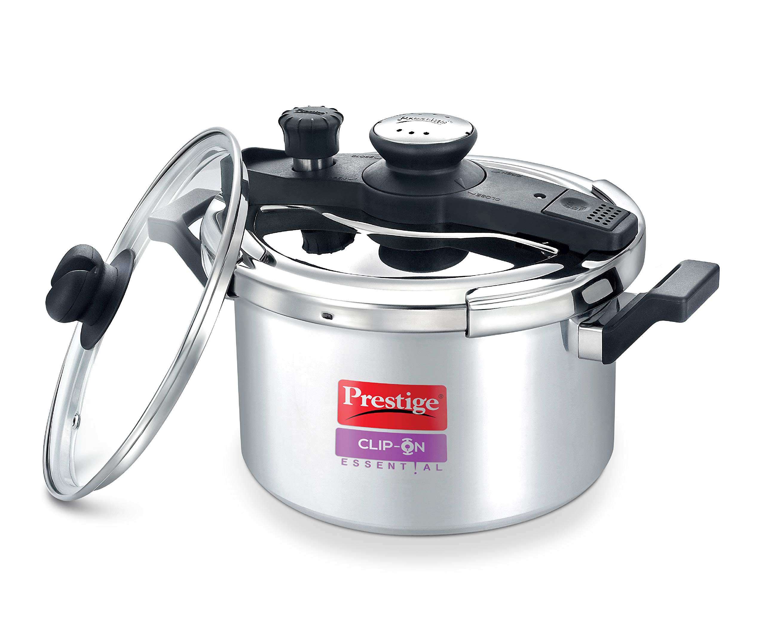 Prestige Clip-On Essential Combi Pack 5L + 3 L Aluminium Pressure Cooker with 1 Lid and a Glass Lid