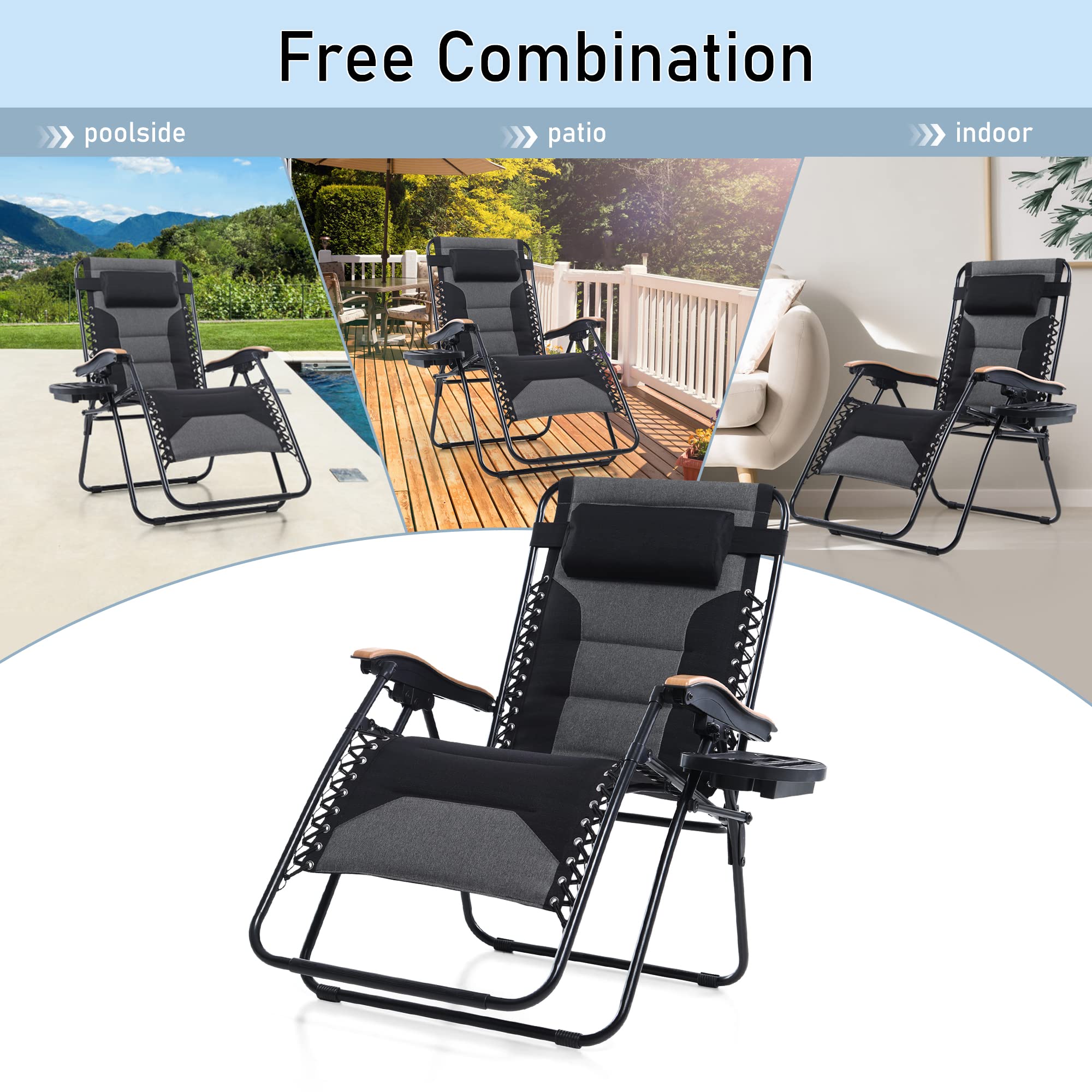 PHI VILLA XXL Oversized Padded Zero Gravity Chair, Foldable Patio Recliner, 30" Wide Seat Anti Gravity Lounger with Cup Holder, Support 400 LBS (Black)