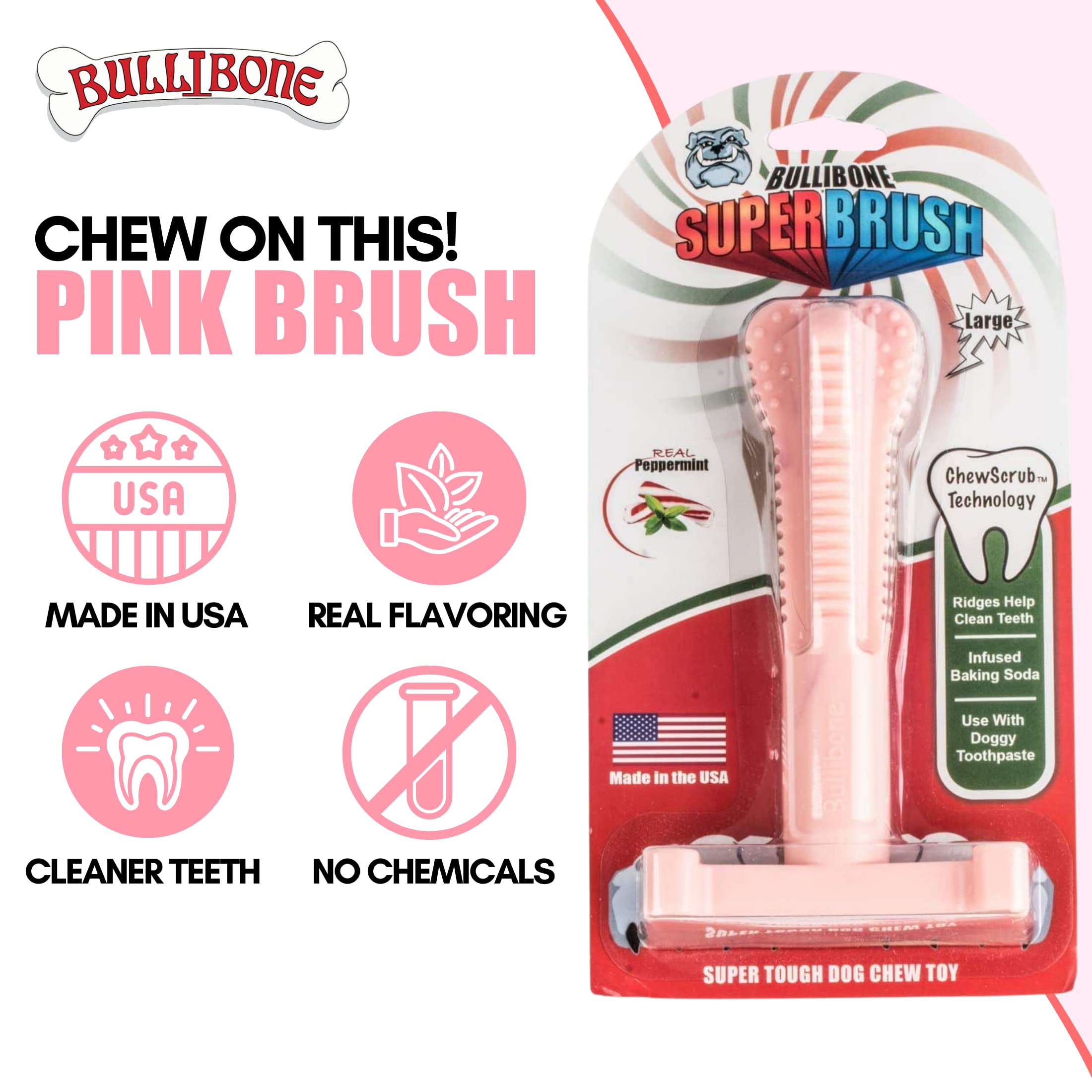 Bullibone SuperBrush: Dog Teeth Cleaning Brushing Toothbrush Stick - Long Lasting Nylon Pink Peppermint Chew Toy for Oral Care and Dental Health