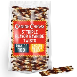 canine chews 5" triple flavor rawhide stick twists for small dogs dog treat dental stick chicken, pork, beef flavor chew toy (100 pack)