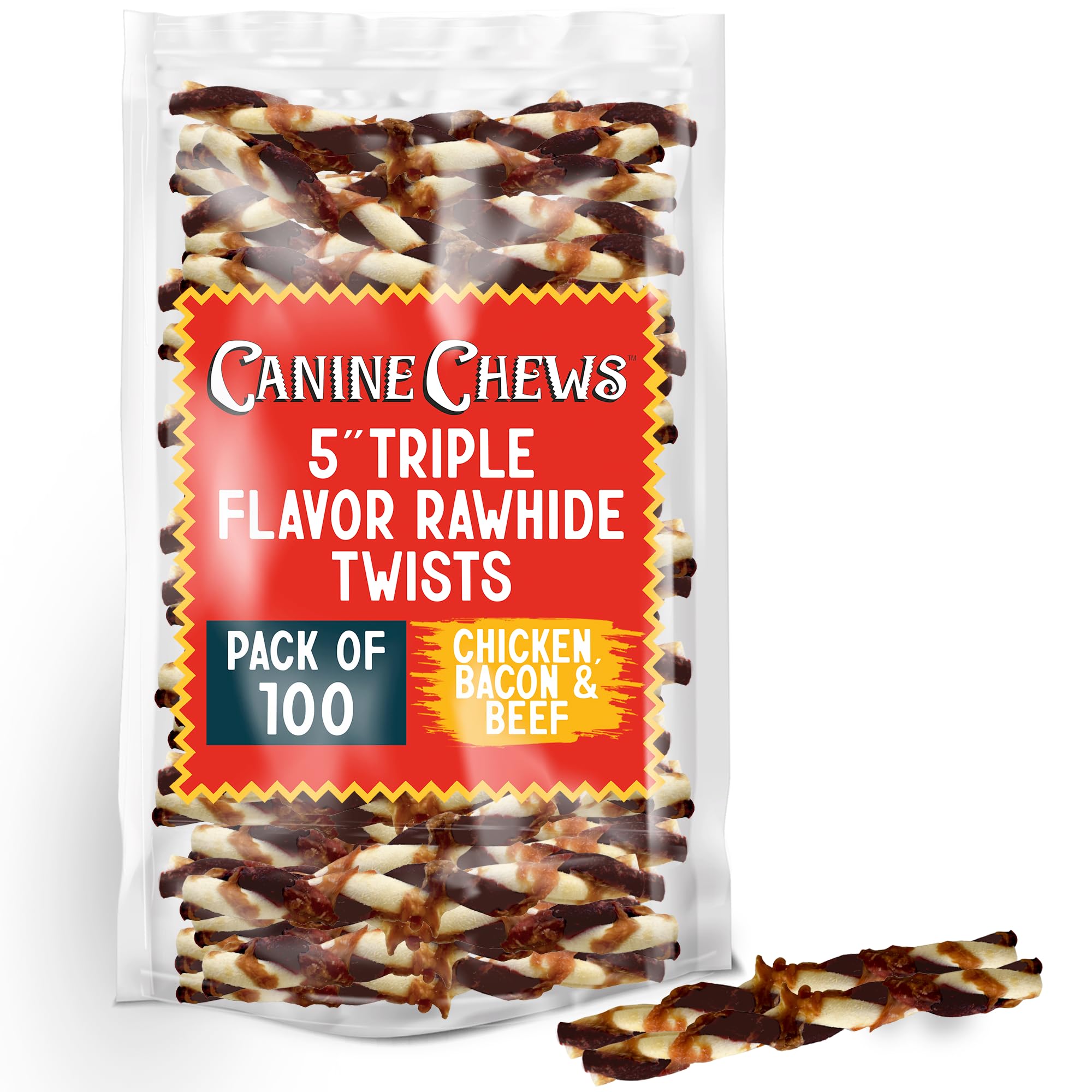 Canine Chews 5" Triple Flavor Rawhide Stick Twists for Small Dogs Dog Treat Dental Stick Chicken, Pork, Beef Flavor Chew Toy (100 Pack)