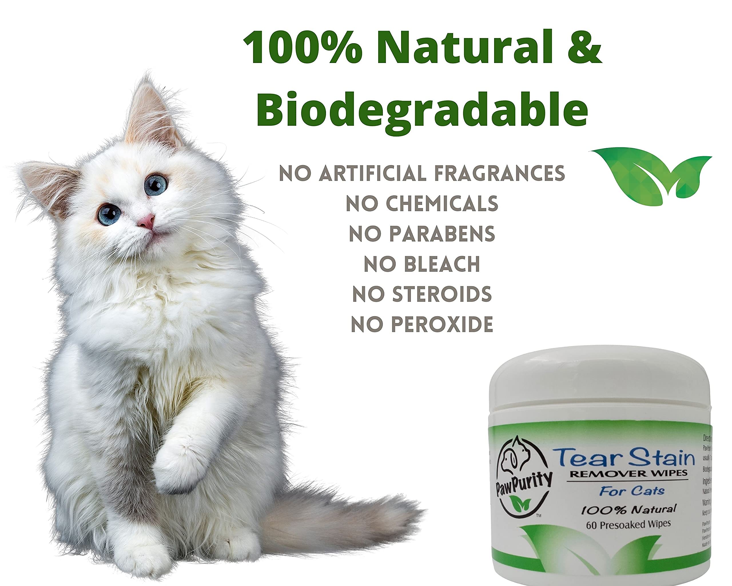 PawPurity Tear Stain Remover Wipes (60 pcs) for Cats | 100% Natural, Safe and Effective. | Removes Stains from Eyes of Cats and Kittens | Recommended by Vets/Groomers | Contains Colloidal Silver