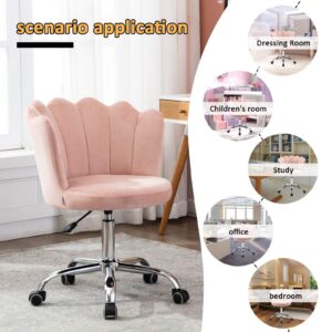 Goujxcy Cute Pink Desk Chair, Modern Velvet Vanity Makeup Chair, 360° Swivel Height Adjustable Comfy Accent Chair Rolling Chair for Home Office Bedroom Living Room (Pink)