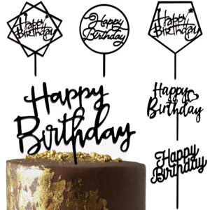 6-pack black birthday cake topper set, double-sided shiny black, acrylic happy birthday sign cake toppers/cupcake toppers, birthday party decorations supplies for cool guy.