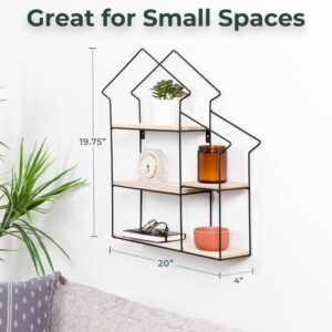 Greenco Shelf, Natural Geometric House Shaped 3 Tier Mounted Floating Shelves, Home Decor, Metal Wire and Rustic Wood Wall Storage Shelves for Bedroom, Living Room, Bathroom, Kitchen and Office