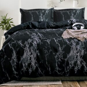 essina queen duvet cover set – 3 pcs microfiber duvet cover with 2 pillow shams – wrinkle resistant duvet cover queen – boho duvet cover zipper closure and 4 corner ties – black marble