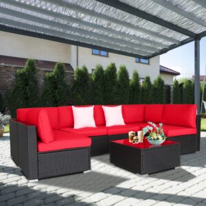 excited work 7pcs outdoor patio rattan sofa, sectional furniture sets manual weaving wicker conversation set with pillow, cushions and coffee table (red)