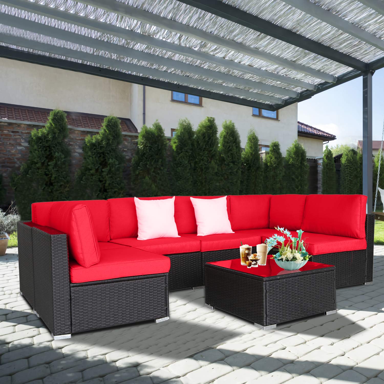 Excited Work 7PCs Outdoor Patio Rattan Sofa, Sectional Furniture Sets Manual Weaving Wicker Conversation Set with Pillow, Cushions and Coffee Table (Red)