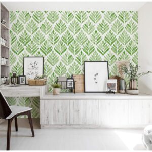 HAOKHOME Boho Peel and Stick Wallpaper Floral Tulip Leaves Green/White Removable Bathroom Kitchen Contact Paper Home Wall Decor 17.7in x 9.8ft