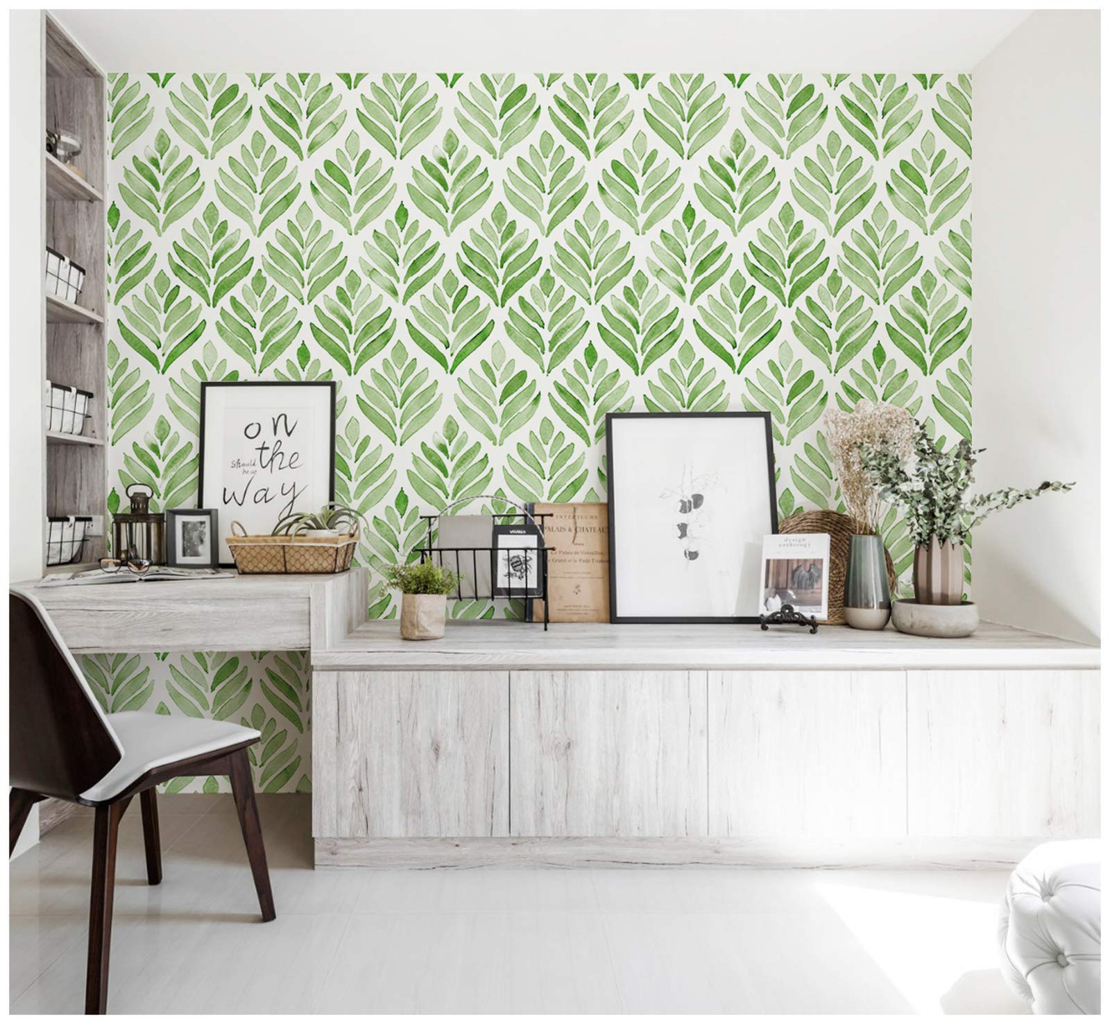 HAOKHOME Boho Peel and Stick Wallpaper Floral Tulip Leaves Green/White Removable Bathroom Kitchen Contact Paper Home Wall Decor 17.7in x 9.8ft