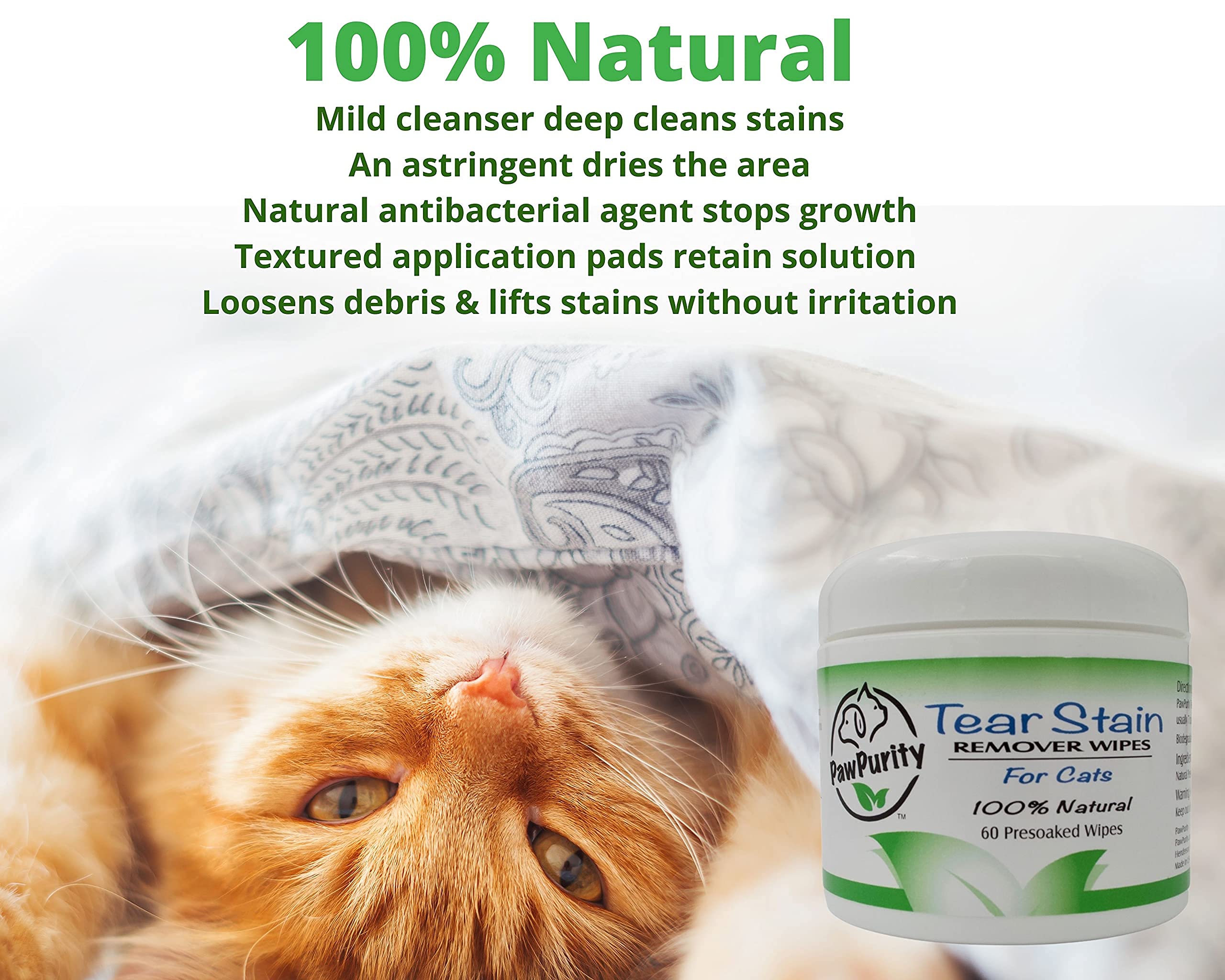 PawPurity Tear Stain Remover Wipes (60 pcs) for Cats | 100% Natural, Safe and Effective. | Removes Stains from Eyes of Cats and Kittens | Recommended by Vets/Groomers | Contains Colloidal Silver