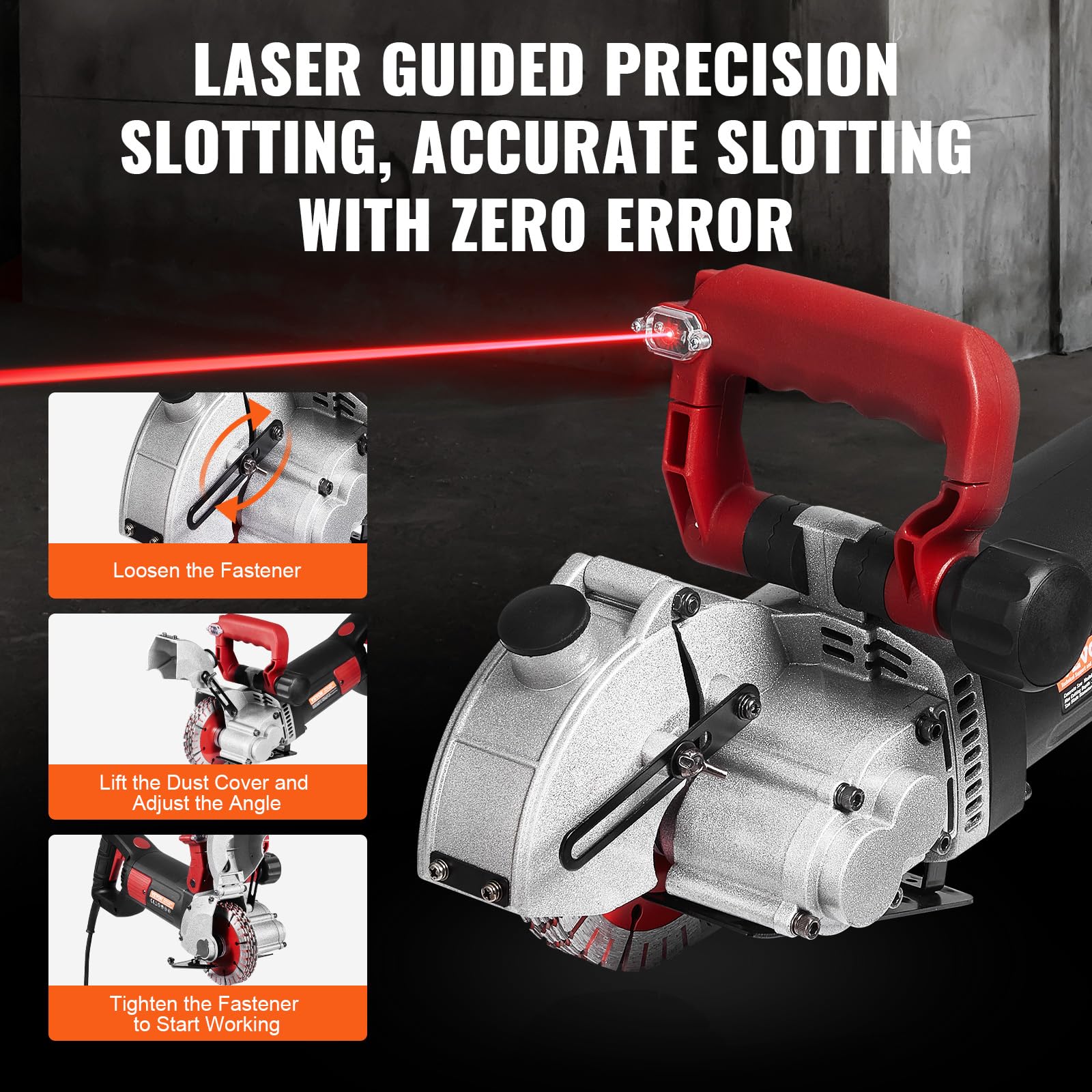 VEVOR Wall Chaser, 4800W Slotting Machine with Laser Guide 6500rpm, Max Groove Depth and Width 1.6" x 1.65", Concrete Grooving Cutting Machine with 5 x 5" Saw Blades and Dust Control Accessories