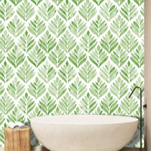 HAOKHOME Boho Peel and Stick Wallpaper Floral Tulip Leaves Green/White Removable Bathroom Kitchen Contact Paper Home Wall Decor 17.7in x 9.8ft