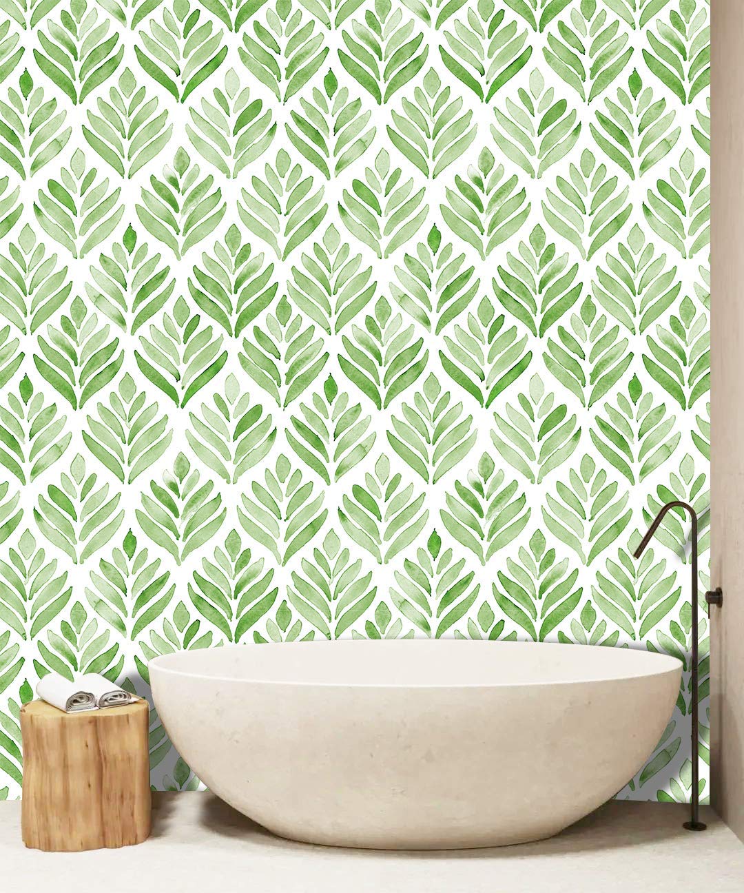 HAOKHOME Boho Peel and Stick Wallpaper Floral Tulip Leaves Green/White Removable Bathroom Kitchen Contact Paper Home Wall Decor 17.7in x 9.8ft