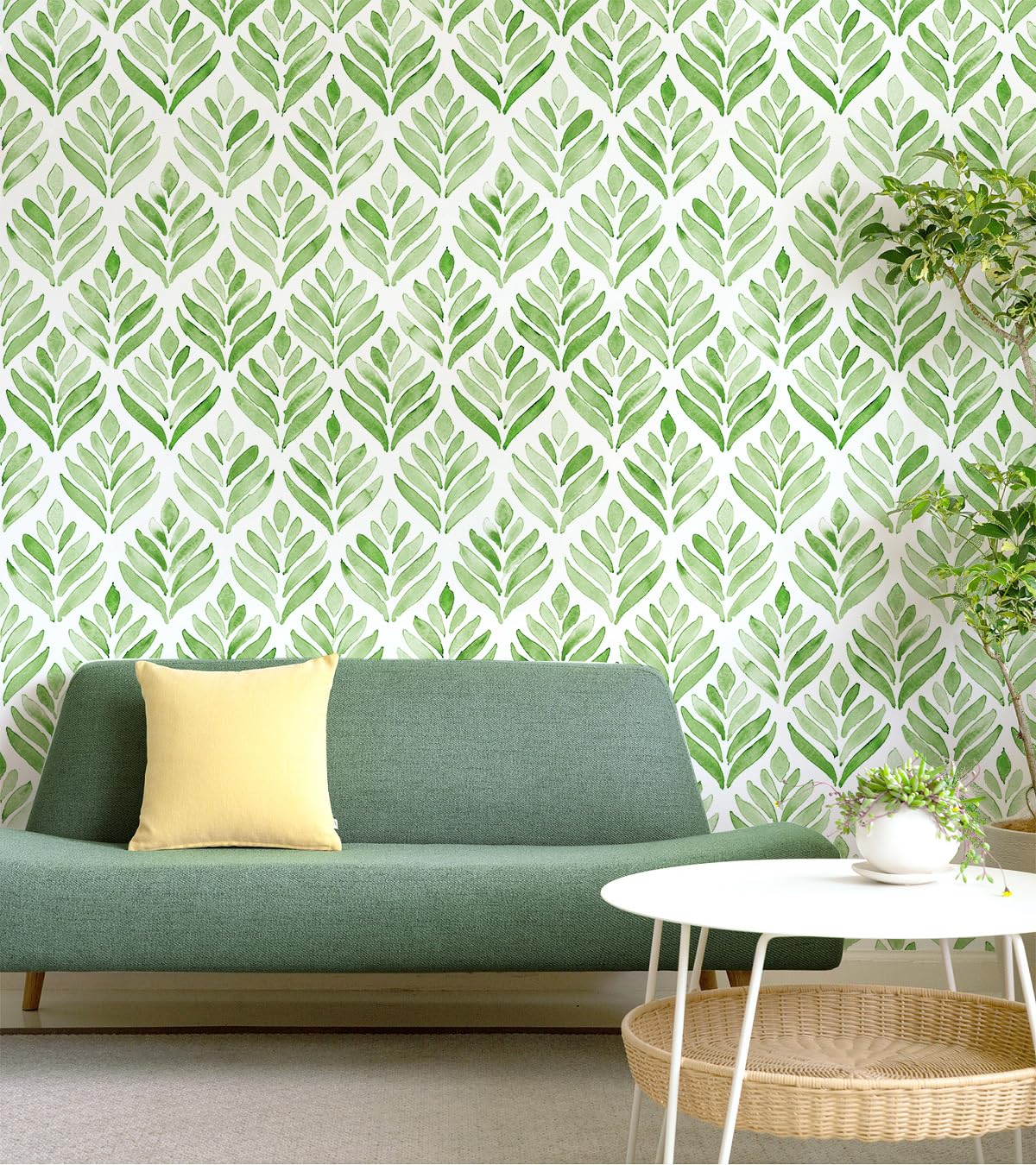 HAOKHOME Boho Peel and Stick Wallpaper Floral Tulip Leaves Green/White Removable Bathroom Kitchen Contact Paper Home Wall Decor 17.7in x 9.8ft