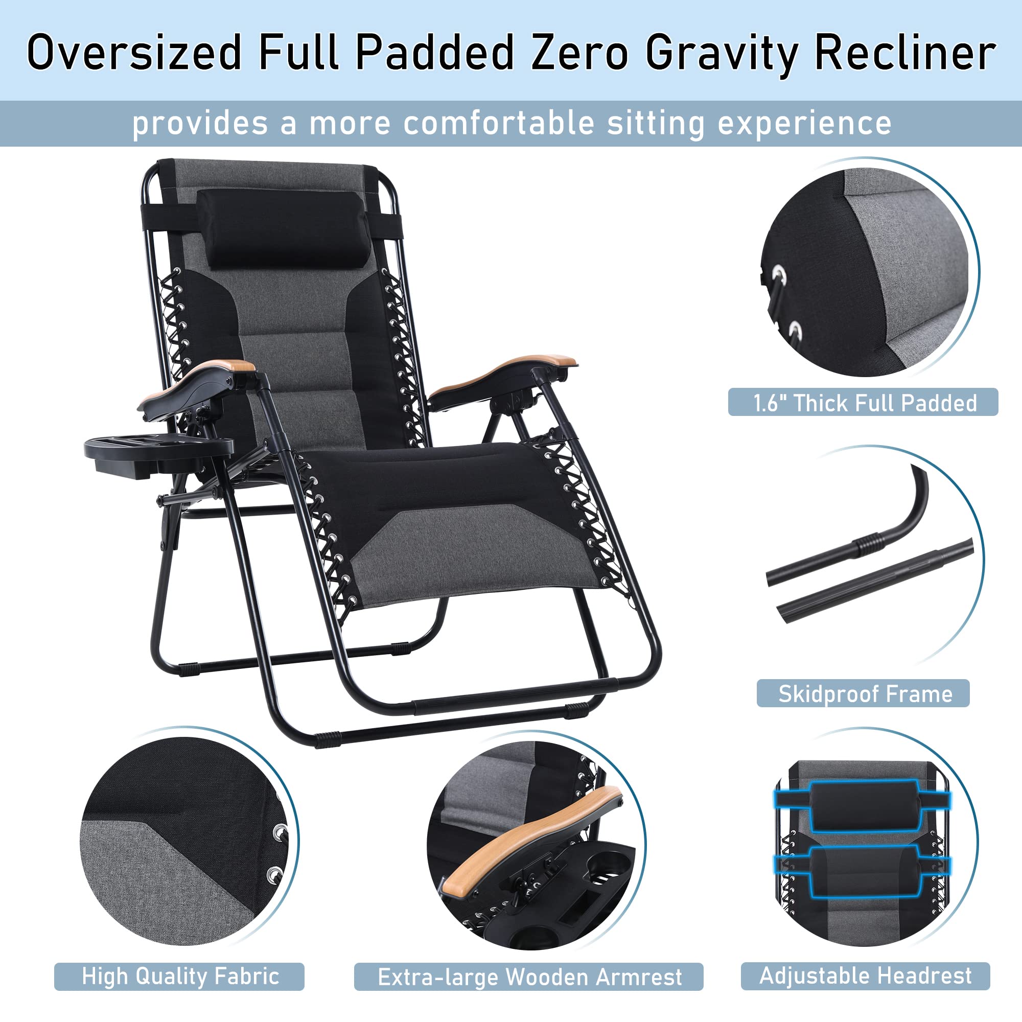 PHI VILLA XXL Oversized Padded Zero Gravity Chair, Foldable Patio Recliner, 30" Wide Seat Anti Gravity Lounger with Cup Holder, Support 400 LBS (Black)