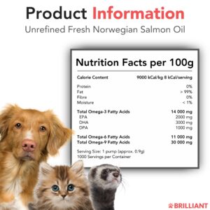 Brilliant Salmon Oil for Dogs, Cats & Puppies | Omega 3 Fish Oil Liquid Supplement with DHA, EPA Fatty Acids | Supports Skin and Coat, Immune System & Joint Function | Hofseth BioCare (34oz)