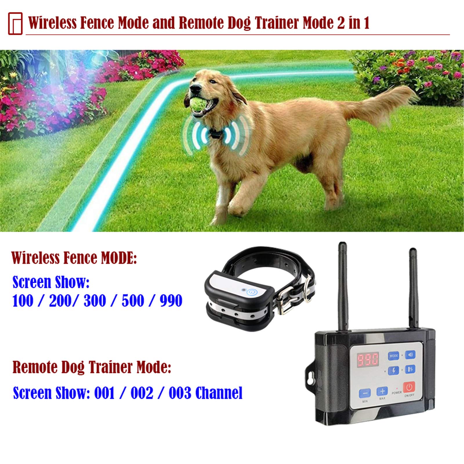 Wireless Dog Fence & Dog Training 2 in 1 System,Electric Wireless Fence Container for Dogs with Remote, Adjustable Range Control & Display Distance, Waterproof Reflective Stripe Collar for All Dogs,fo