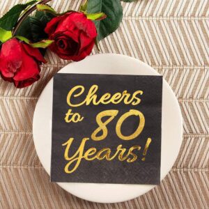 80th Birthday Decorations for Men Women Party Supplies Cocktail Napkins Black 50 Pack,5"x 5" Folded,Cheers to 80 Years! (80)