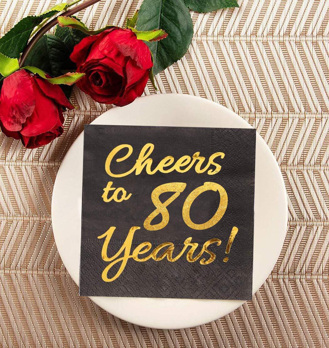 80th Birthday Decorations for Men Women Party Supplies Cocktail Napkins Black 50 Pack,5"x 5" Folded,Cheers to 80 Years! (80)