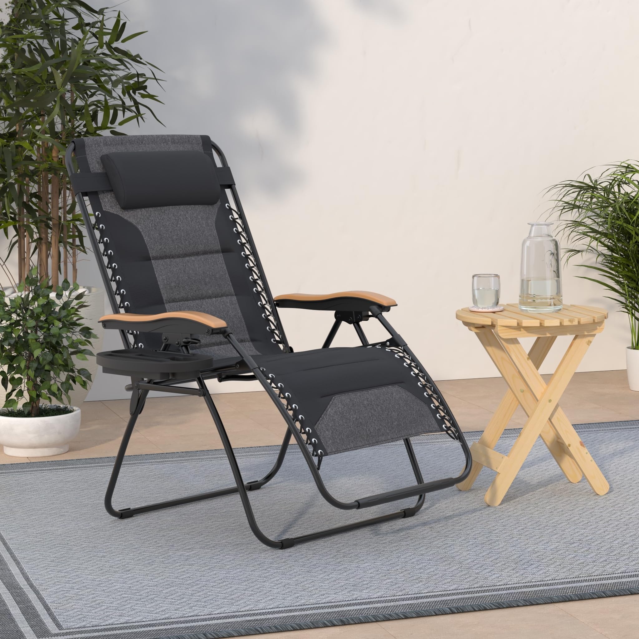 PHI VILLA XXL Oversized Padded Zero Gravity Chair, Foldable Patio Recliner, 30" Wide Seat Anti Gravity Lounger with Cup Holder, Support 400 LBS (Black)