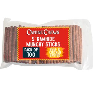 canine chews 5" munchy rawhide sticks for small dogs munchy dog treat sticks 100 pack (beef & chicken)