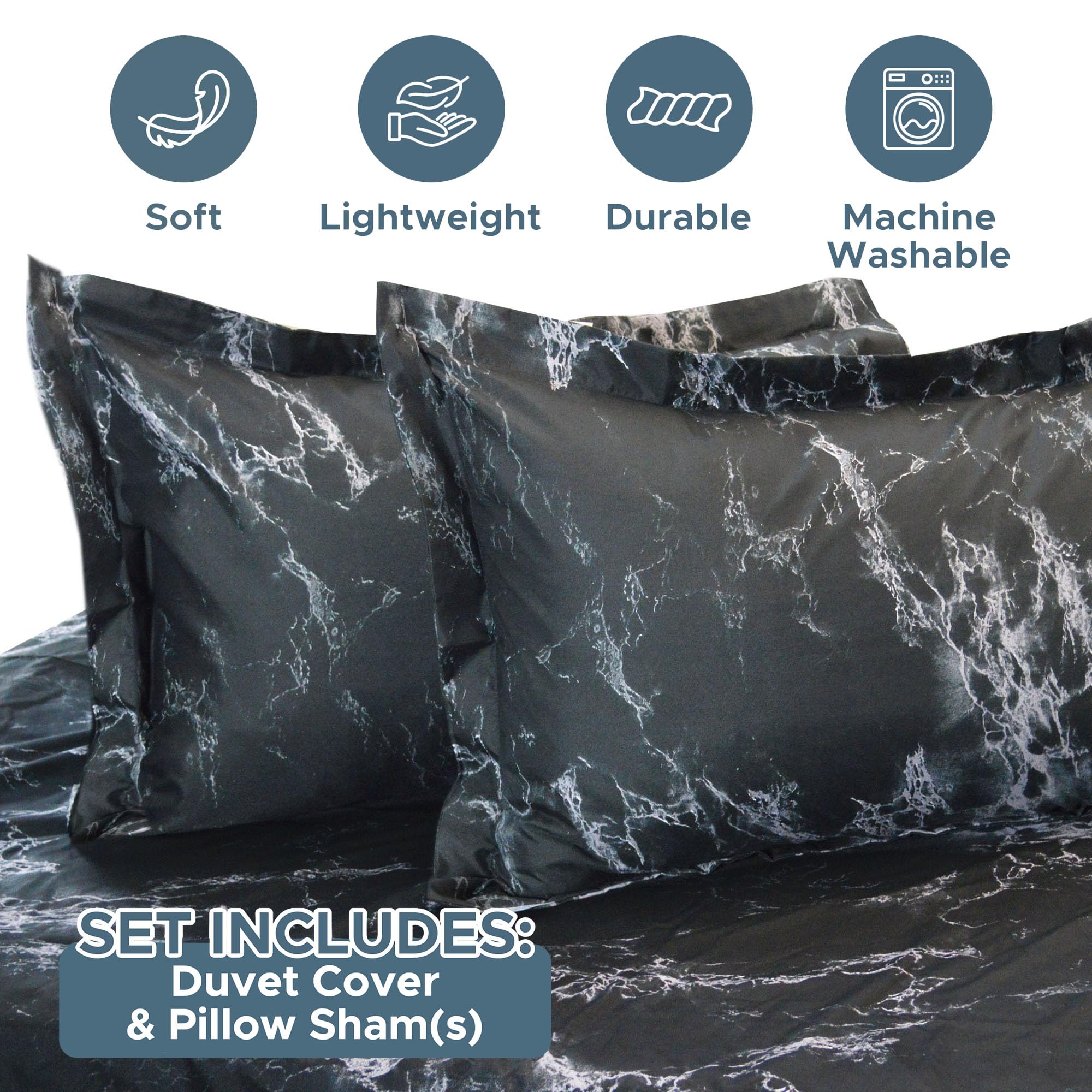 Essina Queen Duvet Cover Set – 3 Pcs Microfiber Duvet Cover with 2 Pillow Shams – Wrinkle Resistant Duvet Cover Queen – Boho Duvet Cover Zipper Closure and 4 Corner Ties – Black Marble