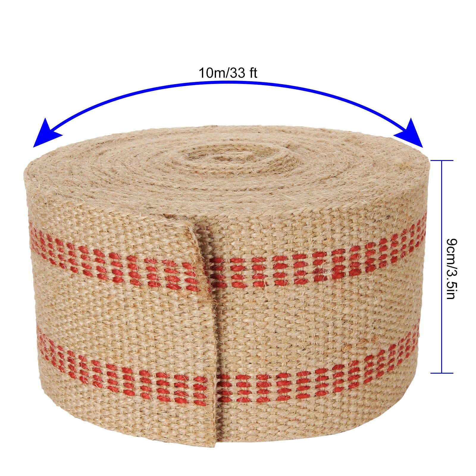 Ziqi 2Pcs Upholstery/Craft Jute Webbing, 3.5 Inches X 10 Yards Natural Burlap Fabric Jute Webbing Burlap Ribbon, Upholstery Chair Webbing Tape for Chair Repair, Crafts & Decorations (Red Stripes)