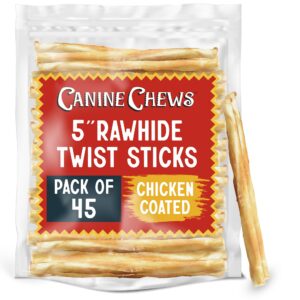 canine chews 5" chicken coated sticks - pack of 45 chicken wrapped rawhide dog treats - 100% real usa-sourced chicken coating - protein-dense chicken wrapped dog treats rawhide chews