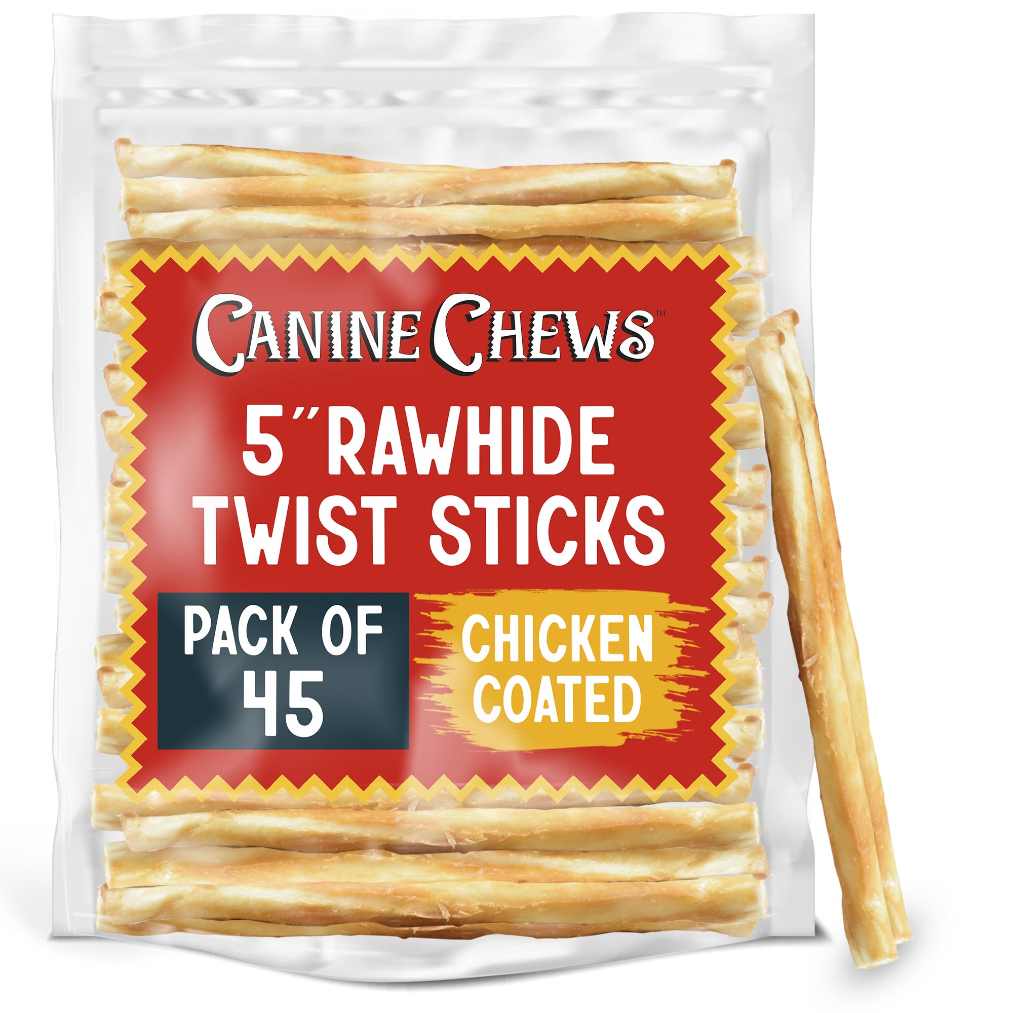 Canine Chews 5" Chicken Coated Sticks - Pack of 45 Chicken Wrapped Rawhide Dog Treats - 100% Real USA-Sourced Chicken Coating - Protein-Dense Chicken Wrapped Dog Treats Rawhide Chews