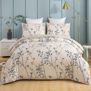 tache elegant leaf vine nature earthy floral neutral cream beige tan blue breathable poplin cotton zipper duvet cover, king