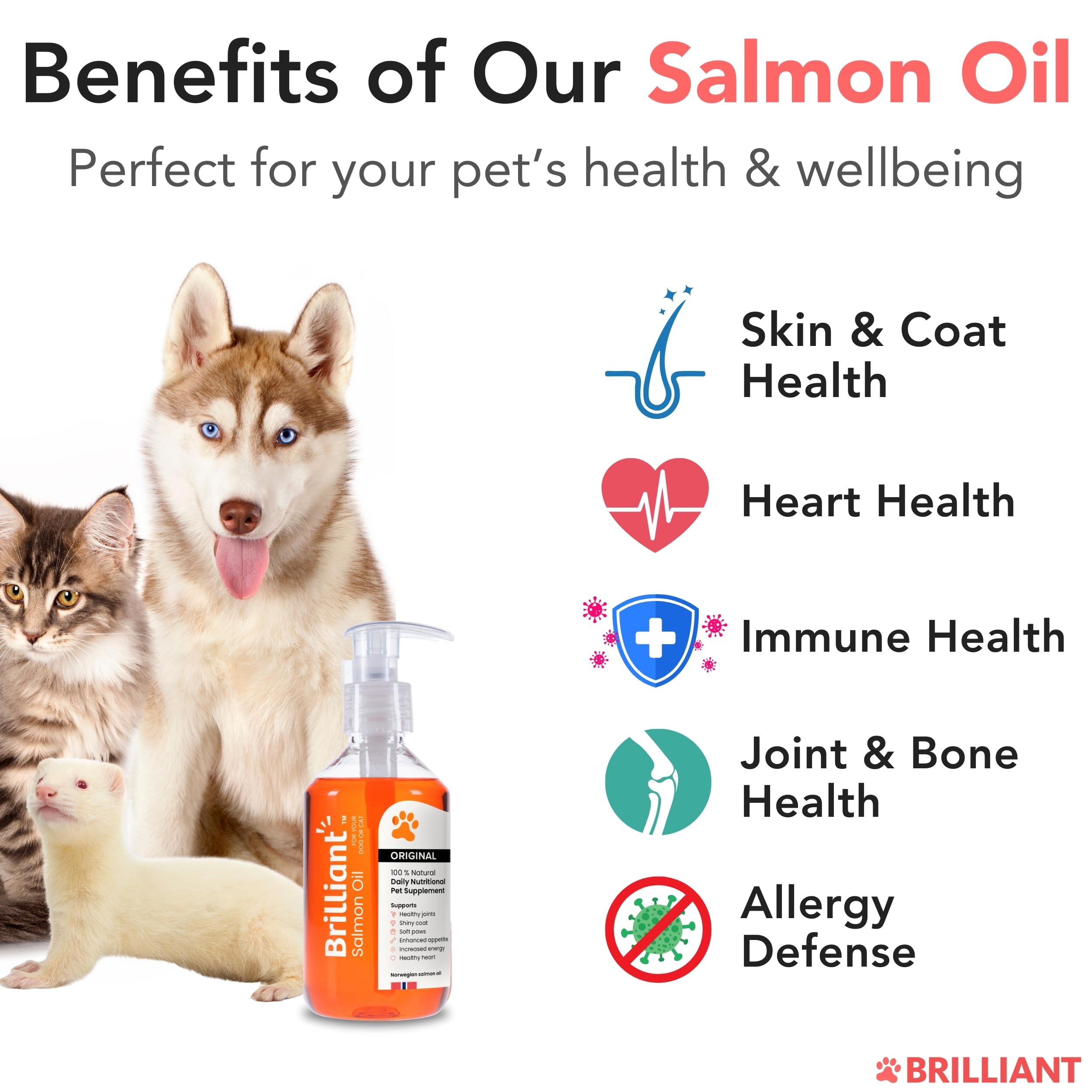 Brilliant Salmon Oil for Dogs, Cats & Puppies | Omega 3 Fish Oil Liquid Supplement with DHA, EPA Fatty Acids | Supports Skin and Coat, Immune System & Joint Function | Hofseth BioCare (34oz)