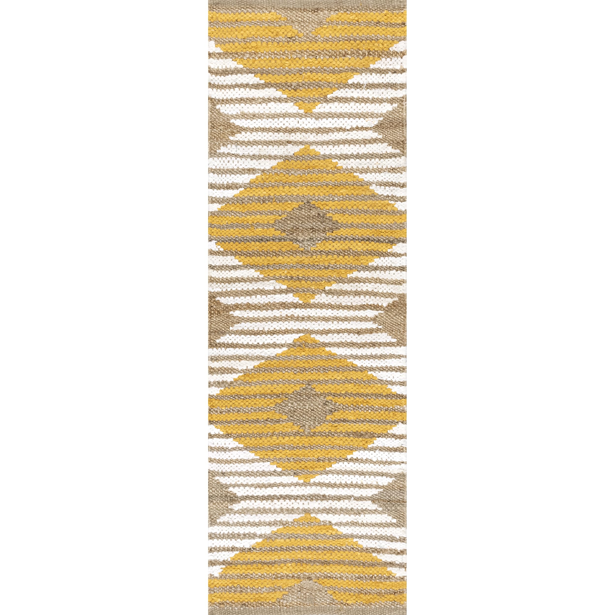 nuLOOM Hand Braided Marla Denim And Jute Diamonds Runner Rug, 2' x 6', Yellow