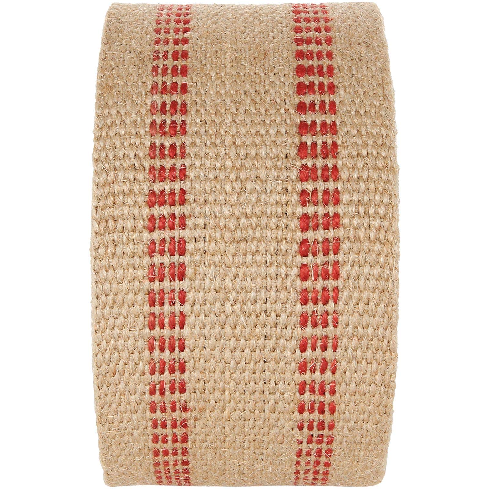 Ziqi 2Pcs Upholstery/Craft Jute Webbing, 3.5 Inches X 10 Yards Natural Burlap Fabric Jute Webbing Burlap Ribbon, Upholstery Chair Webbing Tape for Chair Repair, Crafts & Decorations (Red Stripes)