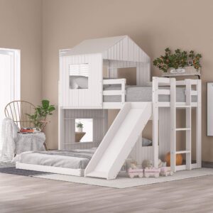 dercass twin over full bunk bed, wooden bed frame with playhouse, farmhouse, ladder & guardrails for kids, toddlers, boys & girls (white)