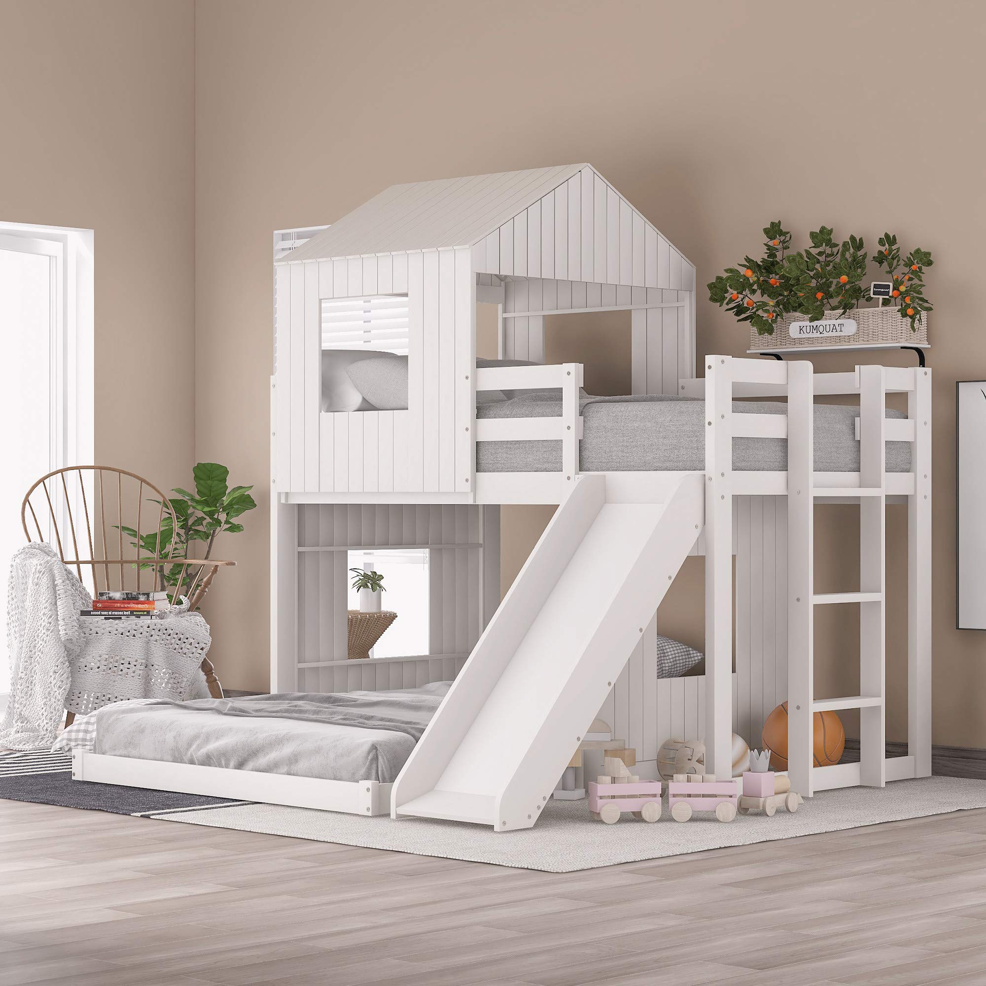 DERCASS Twin Over Full Bunk Bed, Wooden Bed Frame with Playhouse, Farmhouse, Ladder & Guardrails for Kids, Toddlers, Boys & Girls (White)