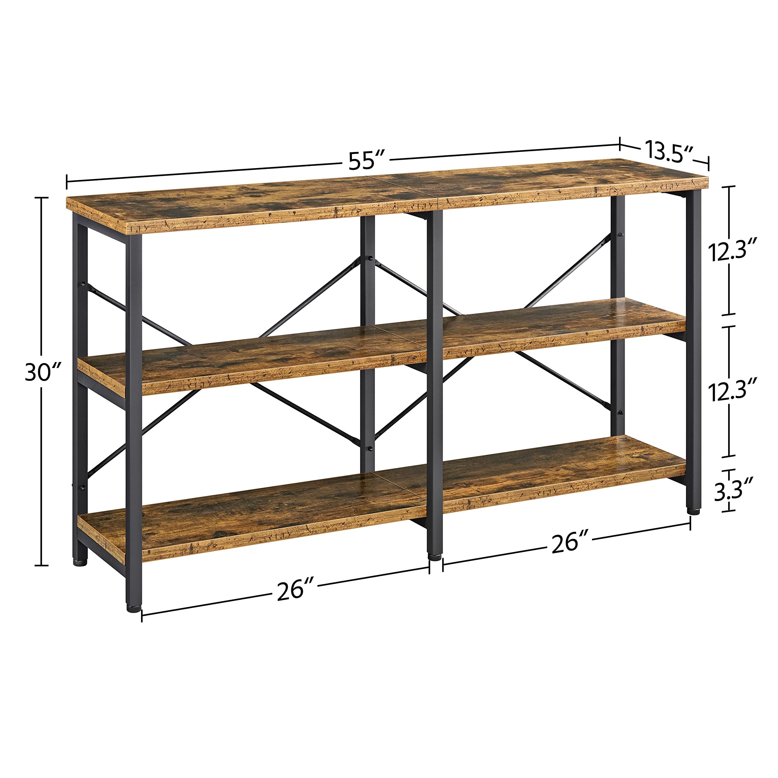 Yaheetech 55 Inch Console Table, Industrial Entryway Table with 3-Tier Storage Shelves, Sofa Table Narrow Long for Living Room, Entryway, Hallway, Foyer, Metal Frame, Rustic Brown