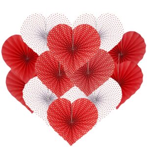 red heart party hanging paper fans for valentines wedding engagement anniversary bachelorette bridal shower birthday baby shower party photo backdrops decorations, 12pc