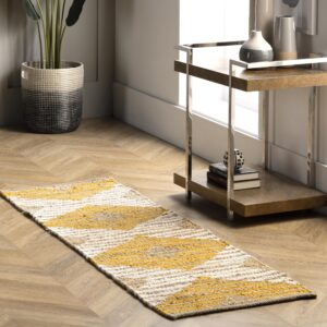 nuloom hand braided marla denim and jute diamonds runner rug, 2' x 6', yellow