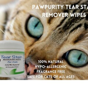 PawPurity Tear Stain Remover Wipes (60 pcs) for Cats | 100% Natural, Safe and Effective. | Removes Stains from Eyes of Cats and Kittens | Recommended by Vets/Groomers | Contains Colloidal Silver