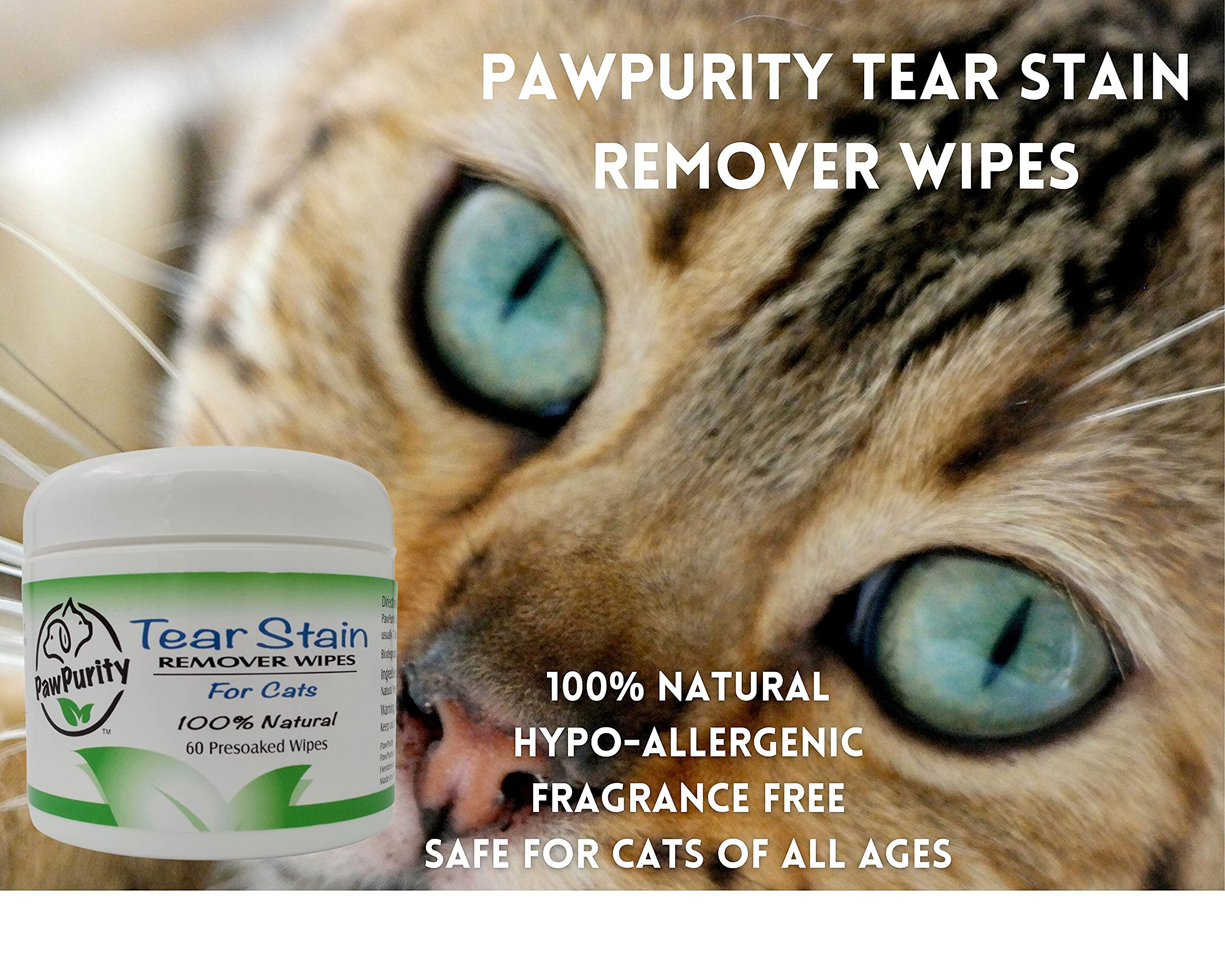 PawPurity Tear Stain Remover Wipes (60 pcs) for Cats | 100% Natural, Safe and Effective. | Removes Stains from Eyes of Cats and Kittens | Recommended by Vets/Groomers | Contains Colloidal Silver