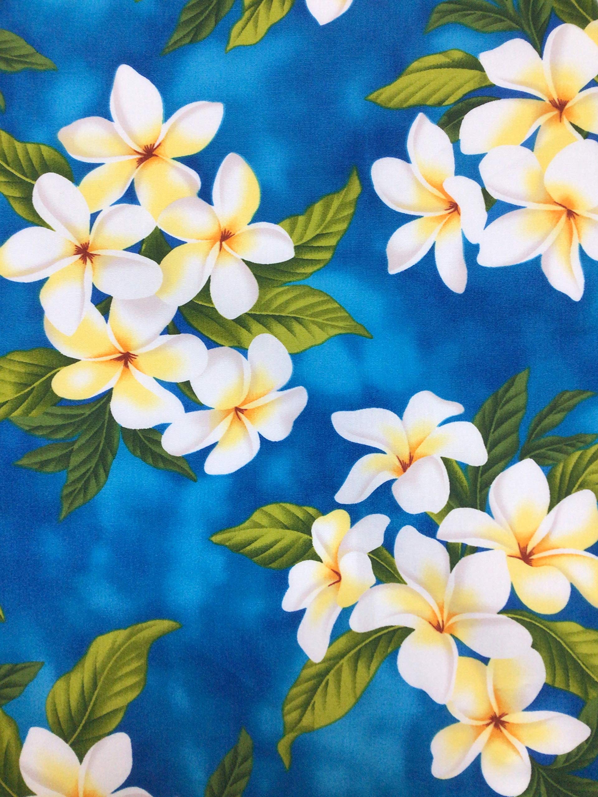 Turquoise Plumerias Hawaiian Print Fabric Sold by The Yard